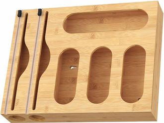 Relaxdays Folienspender 6 in 1, Frischhalte-, Alufolie, Gefrierbeutel, Bambus, Wand & Schublade, 43,5x33,5x7,5 cm, Natur