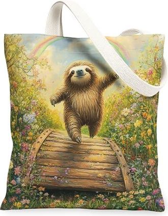 Generic Sac fourre-tout en toile motif paresseux printanier 33 x 38,1 cm, sac d&eacute;picerie r&eacute;utilisable pour femme, motif floral, plage, esth&eacute;tique, peinture est