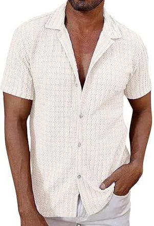 Generic Chemise d&eacute;t&eacute; boutonn&eacute;e &agrave; manches courtes pour homme, couleur unie, coupe d&eacute;contract&eacute;e, chemise de plage l&eacute;g&egrave;re et respirante en crochet pour un usage 