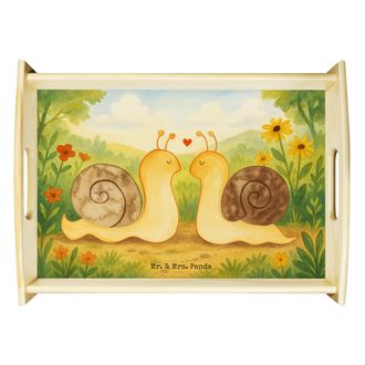 Mr. & Mrs. Panda Servier Tablett Schnecken Liebe Design - Geschenk, sofatablett, Verliebt, Paar, Zufrieden, Serviertablett, P&auml;rchen, betttablett, Holz, gl&uuml;cklich, Freu