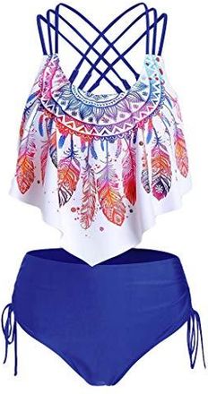 Generic Maillot De Bain Sexy- Maillot De Bain Une Pi&egrave;Ce pour Imprim&eacute; Plumes Push-Up Rembourr&eacute; &agrave; Volants Crois&eacute;S