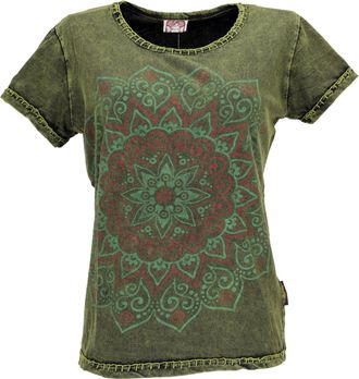 Guru Shop Boho T-Shirt mit Mandaladruck, Stonewashed T-Shirt - Gr&uuml;n, Damen, Baumwolle, Size:XL