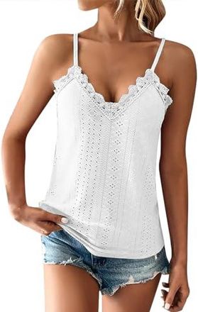 Generic D&eacute;bardeur en dentelle pour femme avec bordure en dentelle - D&eacute;bardeur sexy en coton - Col en V - &Eacute;l&eacute;gant et ajust&eacute; - Bretelles spaghetti, blanc, XXL
