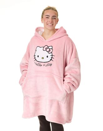 Hello Kitty Damen tragbare Decke Hoodie | Erwachsene Rosa Kapuzenpullover mit Kitty Wei&szlig; Charakter Grafik Print | Einheitsgr&ouml;&szlig;e Sherpa gef&uuml;tterte Loungewea