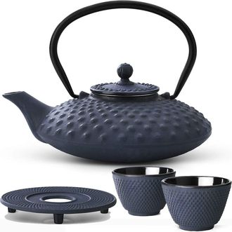 Bredemeijer Teekanne asiatisch Gusseisen Set blau 0.8 Liter mit Edelstahl Tee-Filter Sieb-Einsatz für losen Tee mit Stövchen und Teebecher (2 Tassen)