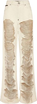 Philipp Plein Femme, Jeans, Beige, Taille: W24 Mesh Strass Denim Pantalons Skater Fit Ripped