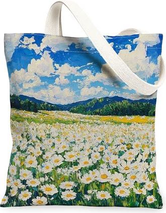 Generic Sac fourre-tout en toile de fleurs de camomille printani&egrave;re pour faire du shopping, 33 x 38,1 cm, sac d&eacute;picerie r&eacute;utilisable pour femme, motif paysage