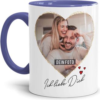 Tassendruck Tasse mit Spruch - Ich Liebe Dich - zum Selbst gestalten mit Zwei Fotos in Herzform - Geschenkidee für den Partner, Innen & Henkel Cambridge Blau, 300