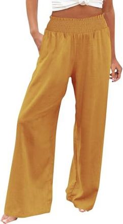 Generic Pantalon d&eacute;t&eacute; en lin pour femme - Jambes larges - Pantalon d&eacute;contract&eacute; extensible &agrave; taille haute avec cordon de serrage pour le yoga et le travail, ja