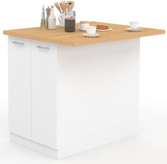 IDMarket Ilot Central IVO 100 cm Blanc avec Plan de Travail fa&ccedil;on h&ecirc;tre