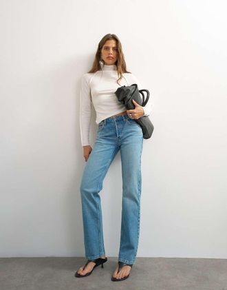 Topshop X Cara jean slim droit taille mi-haute vert d&eacute;lav&eacute;-Bleu