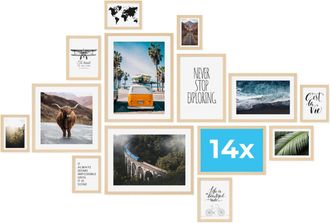 Photolini Bilderrahmen Set verschiedene Gr&ouml;&szlig;en, 14 Bilderrahmen Holz MDF Natur, Bilder Rahmen mit Acrylglas, Bilderrahmenset zum Aufh&auml;ngen, Fotorahmen Set mit Z