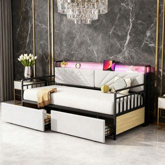 Generic Eisenbett, Eiseneinzelbett, Jugendbett 90x200 cm | Mit LED-Beleuchtung, Schubladen, Steckdosen | Farbe Beige, mit Ablagen & Multifunktion