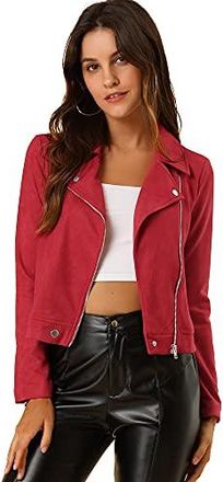 Allegra K sourcing map Veste courte pour femme Soft Moto Poches zipp&eacute;es Vestes de motard en faux su&egrave;de Rouge XL
