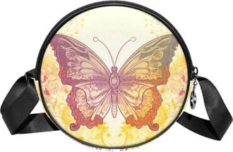 Generic Sac &agrave; bandouli&egrave;re rond pour femme, motif papillon vintage, petit sac &agrave; bandouli&egrave;re avec fermeture &eacute;clair, bretelles r&eacute;glables, sac &agrave; main rond d&eacute;contr