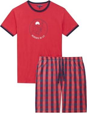 Arthur Pyjama Court Homme, Ensemble Manches Courtes et Short - 100% Coton Bio l&eacute;ger, Doux et Confortable - Motif Ski Carreaux Rouge et Noir - Taille XL