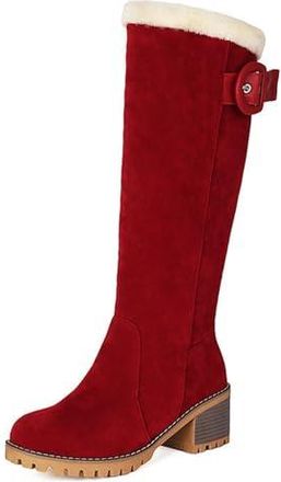 Generic Bottes de neige montantes pour femme avec doublure en fausse fourrure confortable et bout rond talon bloc Chaussures dhiver chaudes, Rouge, 37.5 EU