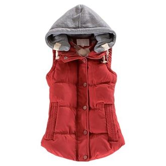 Generic Gilet dhiver pour femme, chaud et matelass&eacute;, sans manches, &eacute;pais, avec capuche amovible, rouge bordeaux, taille XL