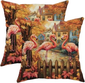 Generic Herbstflamingos Zierkissenbezug Komfort Dekokissen Dekorative Kissenh&uuml;lle F&uuml;r Schlafzimmer Balkon Hotel 45X45Cm 2Er Set