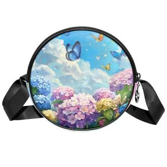 Generic Sac &agrave; bandouli&egrave;re rond pour femme, motif papillon, fleurs, petit sac &agrave; bandouli&egrave;re avec fermeture &eacute;clair, bretelles r&eacute;glables, sac &agrave; main rond d&eacute;contr