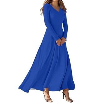 Generic Robes pour femme - Manches longues - D&eacute;contract&eacute;e - Col en V - Couleur unie - Robe longue d&eacute;t&eacute; pour femme - Longueur genou - Fleurs, bleu, XXL