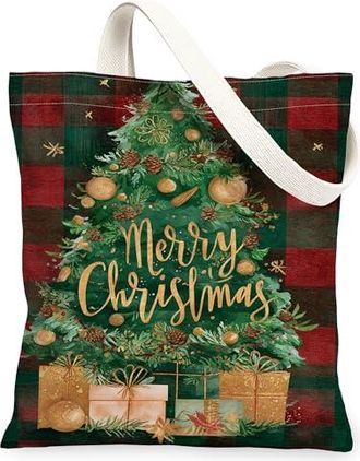 Generic Sacs fourre-tout en toile motif sapin de No&euml;l, sacs d&eacute;picerie r&eacute;utilisables, vintage, rustique, l&eacute;ger, lavable, vert, 13x15 Inch
