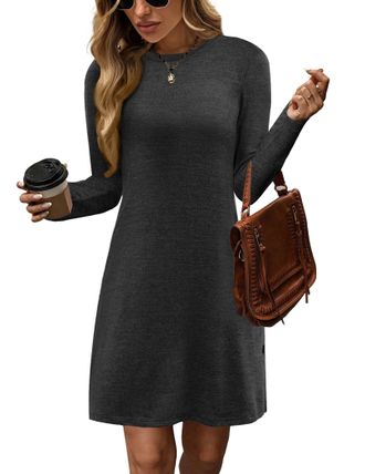 Zeagoo Kleider Damen Langarmkleid Rundhals Strickkleid Herbst Winter Casual D&uuml;nn Kleid Einfarbig Knielang Kleid mit Kn&ouml;pfen Schwarz S