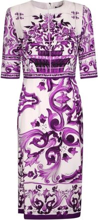 Dolce & Gabbana Femme, Robes, Violet, Taille: 40 FR Robe Midi Crayon en Soie Imprim&eacute; Maiolica