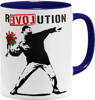 OM3 Love Revolution Banksy Kaffee-Tasse Statement - Keramik Becher - 11oz 325ml - Beidseitig Bedruckt - Dunkelblau