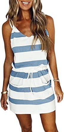 TOMWELL Robe Femme Ete Col V À Rayures Mini-Robe Chic Mode Rétro Décontractée sans Manches Impression Fronde Plage Élégant Robe avec Poches Casual Party Cockt