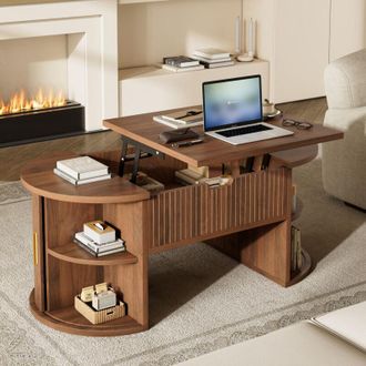 STILVORA Table Basse Relevable Ovale avec 2 Portes Coulissantes et &Eacute;tag&egrave;res Ouvertes, Style Moderne R&eacute;tro, en MDF, 100&times;50&times;40,5 cm, Noyer