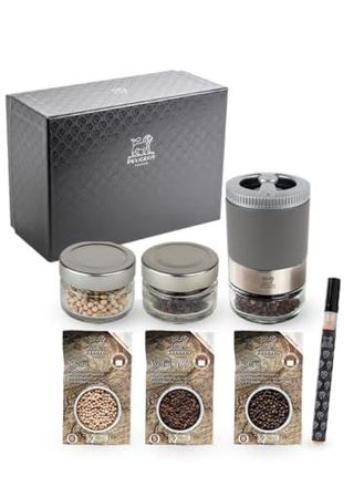 Peugeot Bar &agrave; poivres - moulin &agrave; poivre uSelect accompagn&eacute; de 3 grands crus de poivres, de 3 r&eacute;servoirs interchangeables, gris roche