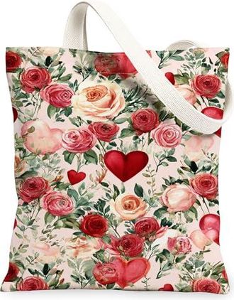 Generic Sacs fourre-tout en toile florale pour la Saint-Valentin, sacs &agrave; provisions r&eacute;utilisables, l&eacute;gers et lavables, multicolore, 13x15 Inch