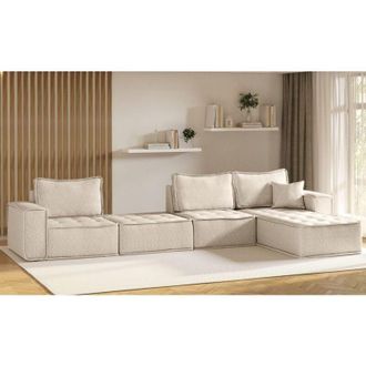Fun M&ouml;bel Ecksofa Modulsofa 4-teilig sande xl Stoff Raven Creme Ottomane Rechts