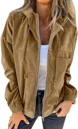 Onsoyours Manteau à capuche Femme Hiver Velours Côtelé Manteau Veste Manches Longues Veste Polaire avec Poches Hiver Chaud Blouson Sport Doublure Hoodie B Kaki 