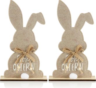 Com-Four 2X Deko Aufsteller für Ostern - Niedlicher Filz-Osterhase - Osterdeko zum Hinstellen - Osterdekoration aus Holz, Filz und Jute (2 Stück - Hase mit Sch