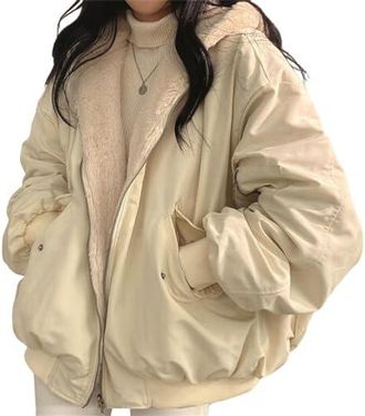 Onsoyours Veste Polaire Double Face pour Femme en Fausse Fourrure Hiver Chaude Manteau en Peluche Veste Parka à Capuche Blouson Deux Côtés A Abricot XXL