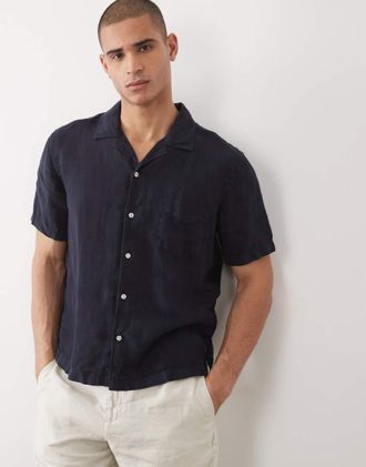 GANT Chemise en lin teint&eacute; &agrave; col ouvert - Bleu marine