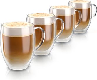 Arendo doppelwandige Trinkgl&auml;ser 350ml mit Henkel - Latte Macchiato Cappuccino Tee - 4er Set - Doppelwandglas - Thermotassen - sp&uuml;lmaschinengeeignet - Teetas