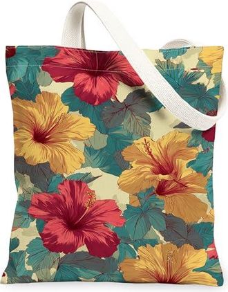 Generic Sacs fourre-tout en toile &agrave; motif floral tropical, motif hibiscus, sacs d&eacute;picerie, sacs d&eacute;picerie r&eacute;utilisables, r&eacute;tro, l&eacute;gers, lavables avec bandouli