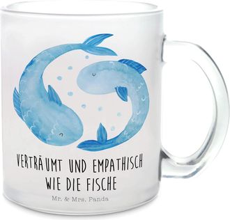 Mr. & Mrs. Panda Teetasse Sternzeichen Fische - Geschenk, Geburtstag Februar, Tasse mit Henkel, Geburtstag März, Geschenk März, Teetasse aus Glas