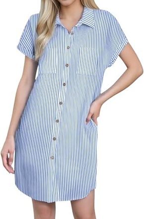 Generic Robe chemise d&eacute;t&eacute; boutonn&eacute;e en coton et lin avec col en V pour femme, mini robe d&eacute;contract&eacute;e &agrave; manches courtes, robe tunique ample, robe d&eacute;t&eacute; boh&egrave;me, 