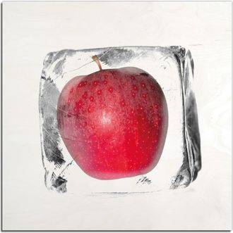 Wallario Wandbild aus Holz Roter Apfel in Eiswürfel - Eiskaltes Obst - 40 x 40 cm in Premium-Qualität: Brillante Farben