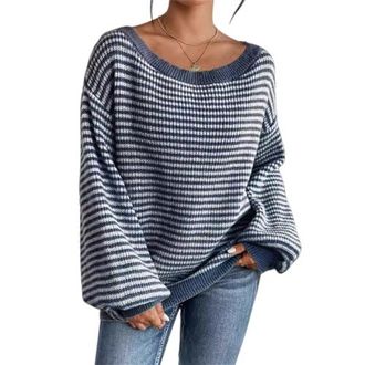 Generic Pull ample &agrave; rayures et &eacute;paules d&eacute;nud&eacute;es pour femme, printemps 2025, surdimensionn&eacute;, automne et hiver, couleurs contrast&eacute;es, bleu, 12XL