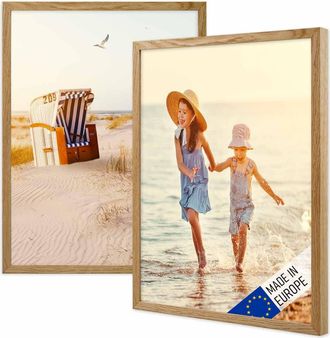 Photolini Bilderrahmen Holz 30x40 Eiche, Holzbilderrahmen Made in EU, 2er Set, bruchsicheres Acrylglas, zum Aufhängen, extra Zubehör - für Ihre liebsten Fotos &