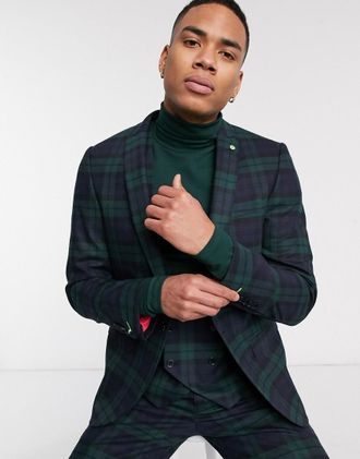 Twisted Tailor Veste de costume super ajust&eacute;e &agrave; carreaux &eacute;cossais avec cha&icirc;ne - Vert