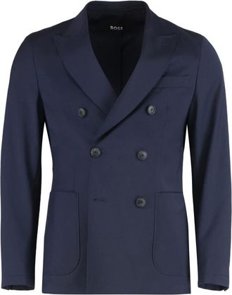 HUGO BOSS Homme, Vestes, Bleu, Taille: 2XL Veste crois&eacute;e en m&eacute;lange de laine