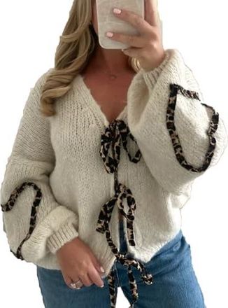 Generic Cardigan l&eacute;opard &agrave; Nouer sur Le Devant pour Femme - Pull &agrave; Manches Longues - Y2K - Veste dext&eacute;rieur