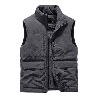Generic Gilet matelass&eacute; l&eacute;ger doubl&eacute; en polaire pour homme Col montant Veste utilitaire sans manches avec fermeture &eacute;clair, gris fonc&eacute;, XXL