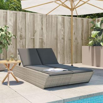 vidaXL Vidaxl - Doppel-Sonnenliege mit Kissen Hellgrau Poly Rattan